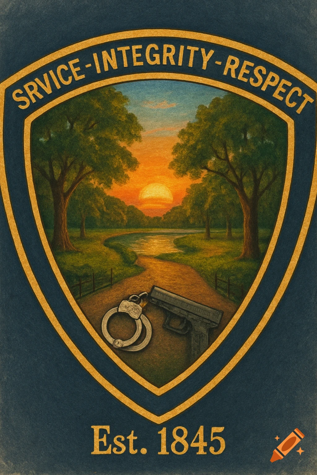 Emblem resembling a police badge with landscape, handcuffs, gun, and ...