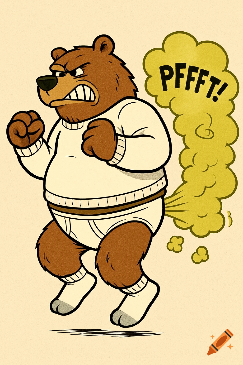 Cartoon bear in sweater, briefs, and socks farting with 'PFFFFT!' text ...