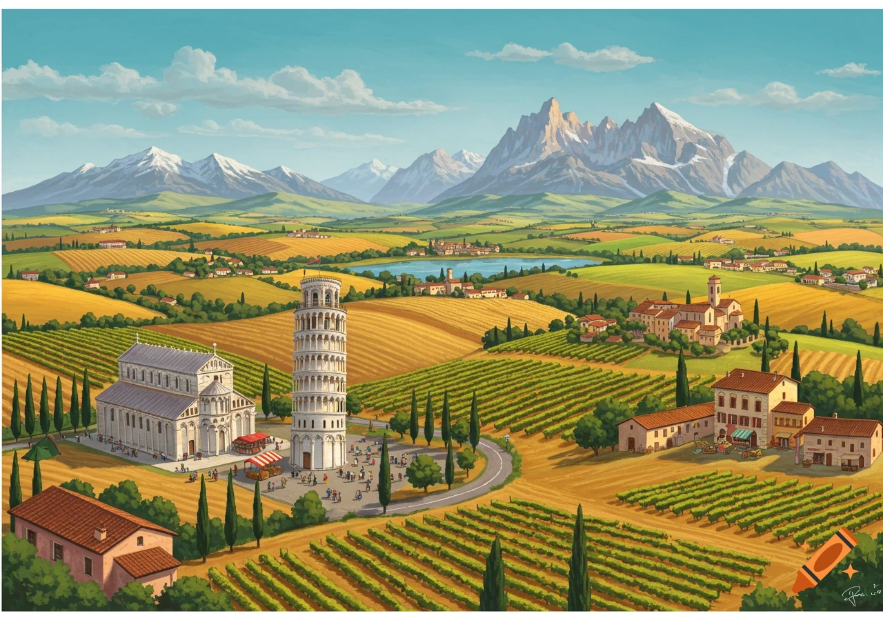 Illustration of the Leaning Tower of Pisa and Duomo in a sunny Italian ...