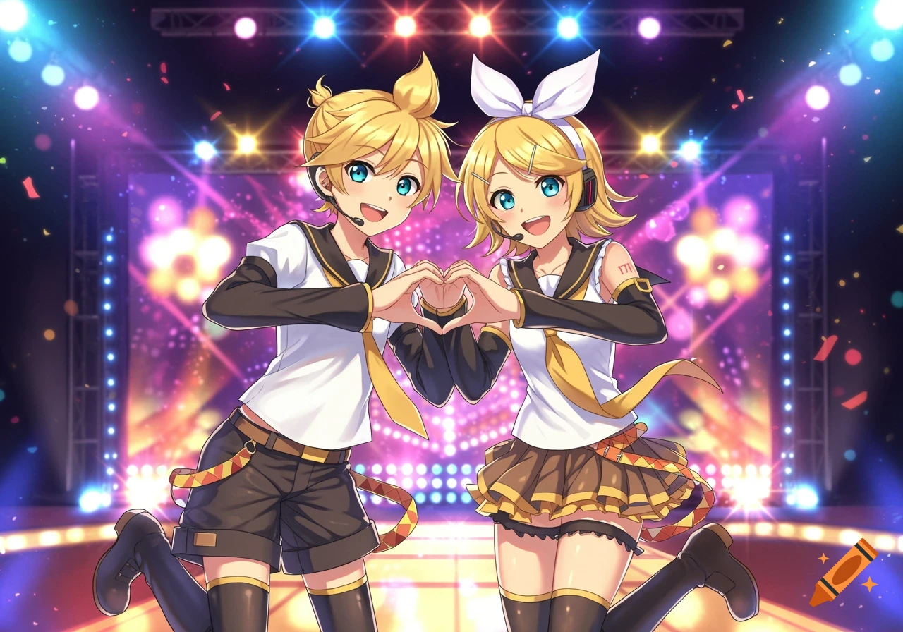Anime characters Kagamine Len and Rin on stage, making a heart with ...