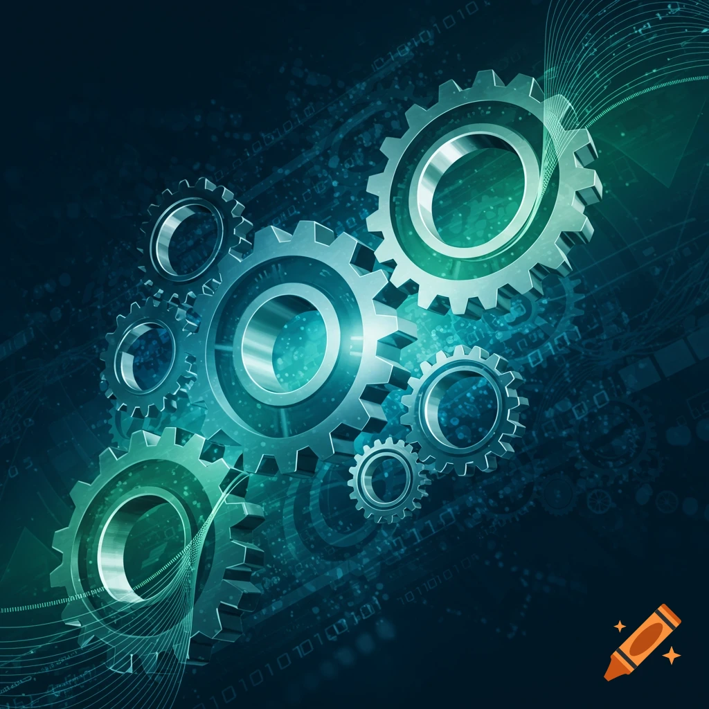 Several silver gears with blue and green highlights against a dark ...