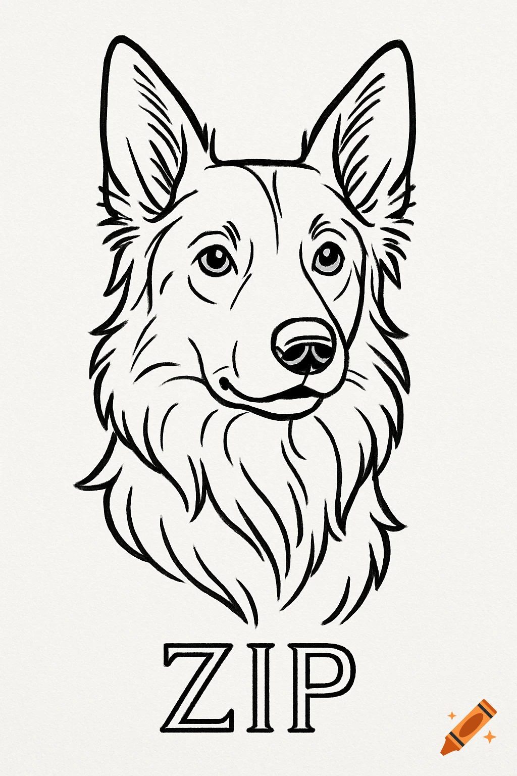 Line drawing of a border collie head with the name ZIP below it. on Craiyon