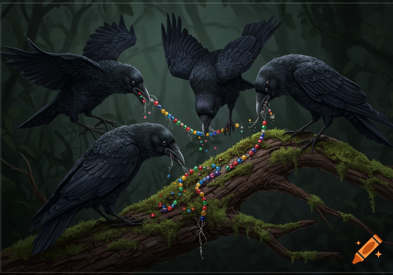 Four black crows on a mossy branch pull apart a colorful string of ...
