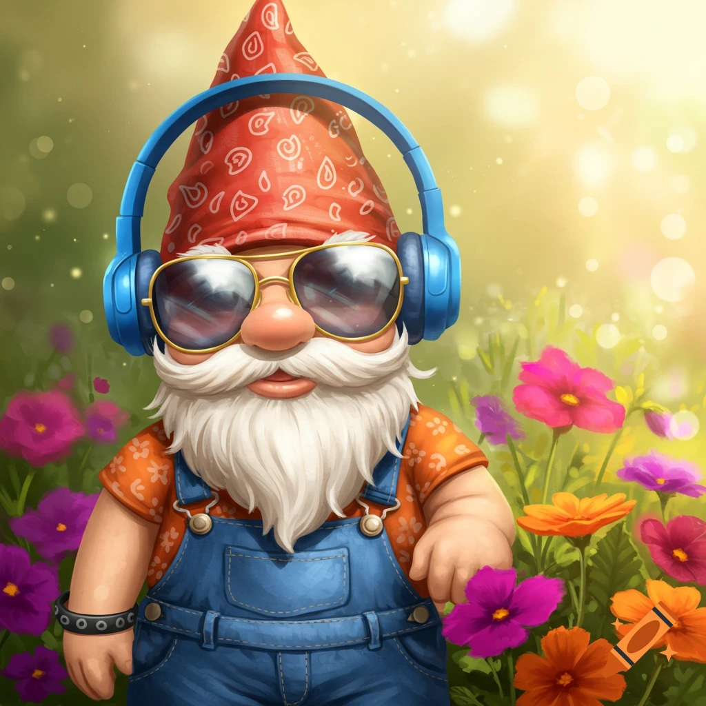 A cool garden gnome wearing sunglasses and headphones stands among ...