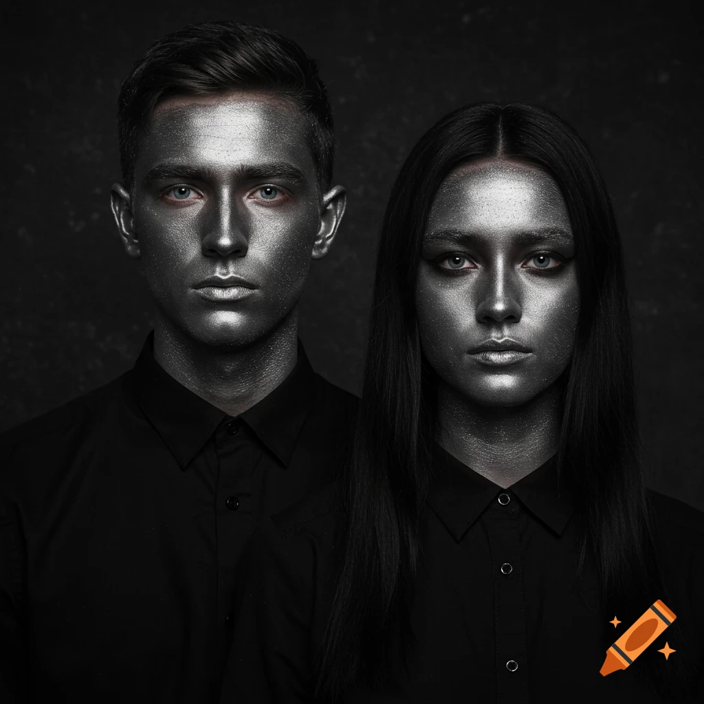Photorealistic portrait of a man and woman with shiny silver face paint ...