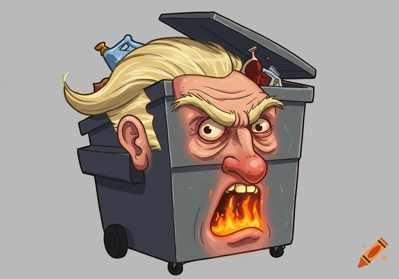 Cartoon character of an angry old man's head on a dumpster with flaming ...