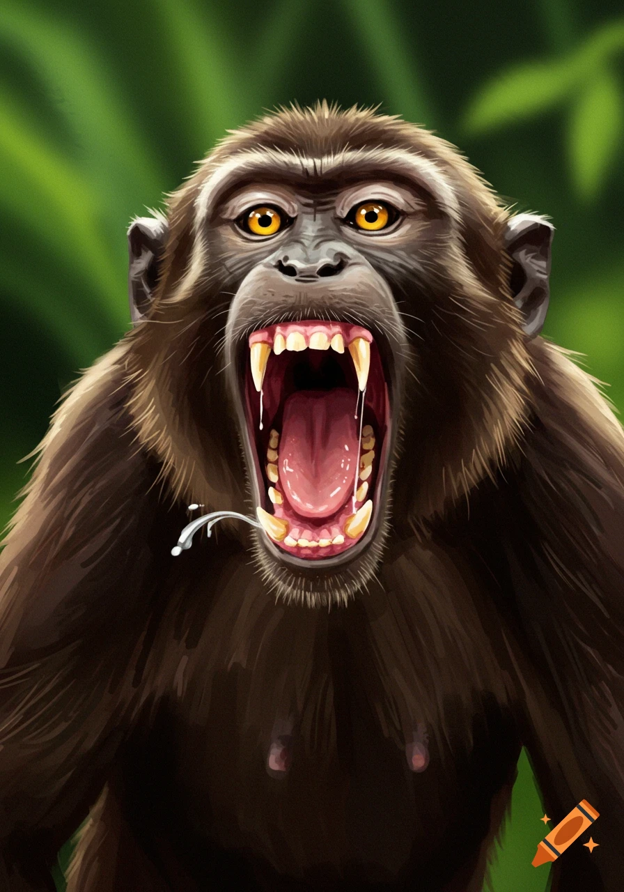 Stylized illustration of an angry monkey screaming with fangs visible ...