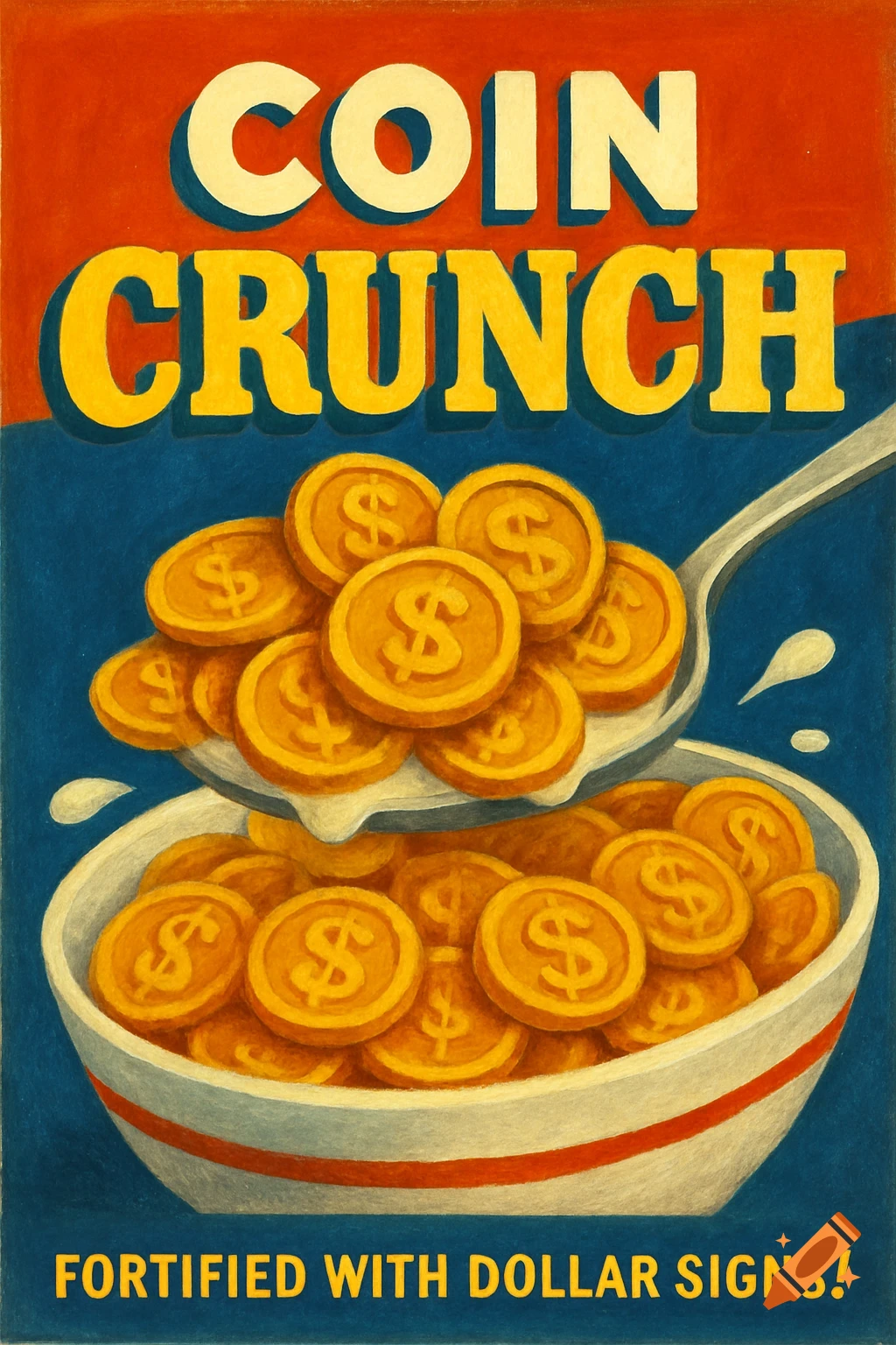 Retro-style poster for Coin Crunch cereal featuring golden coins in a ...