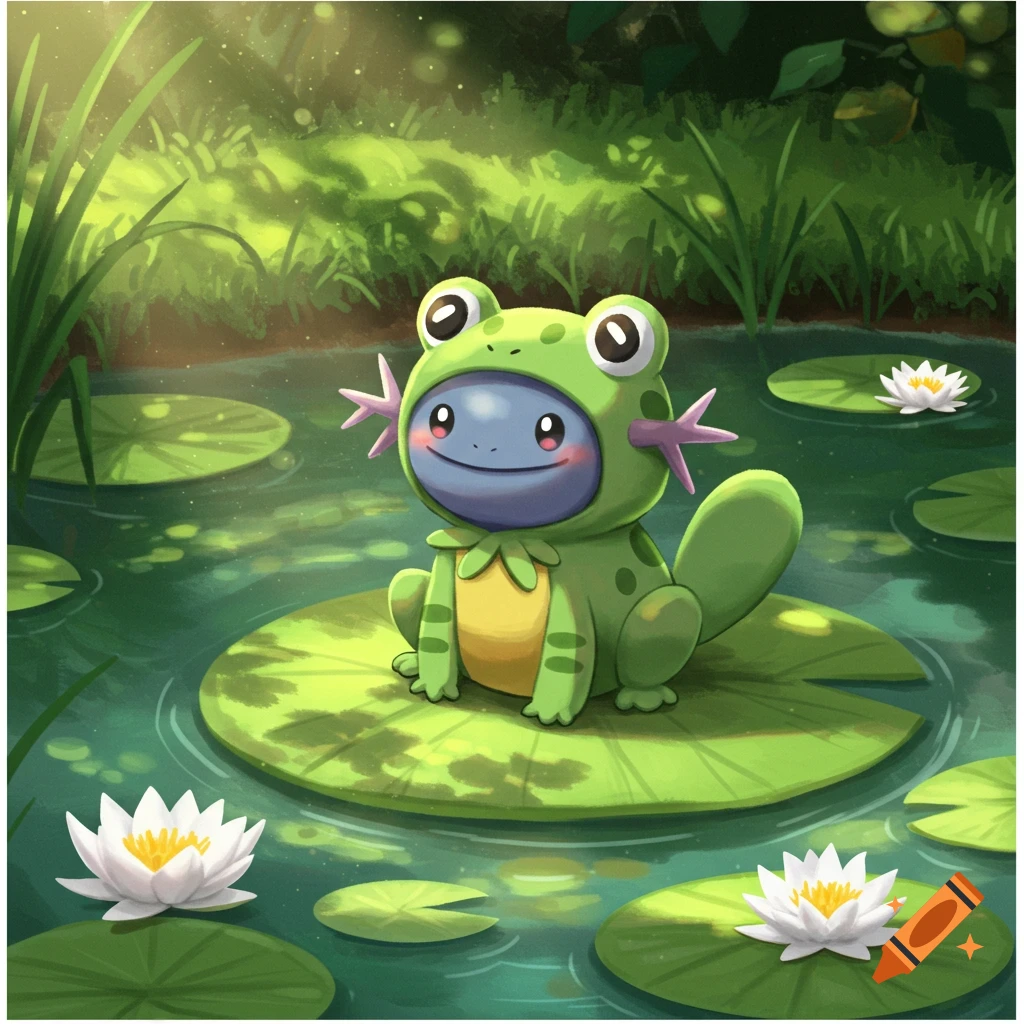 Cute illustration of a Wooper character in a frog costume sitting on a ...