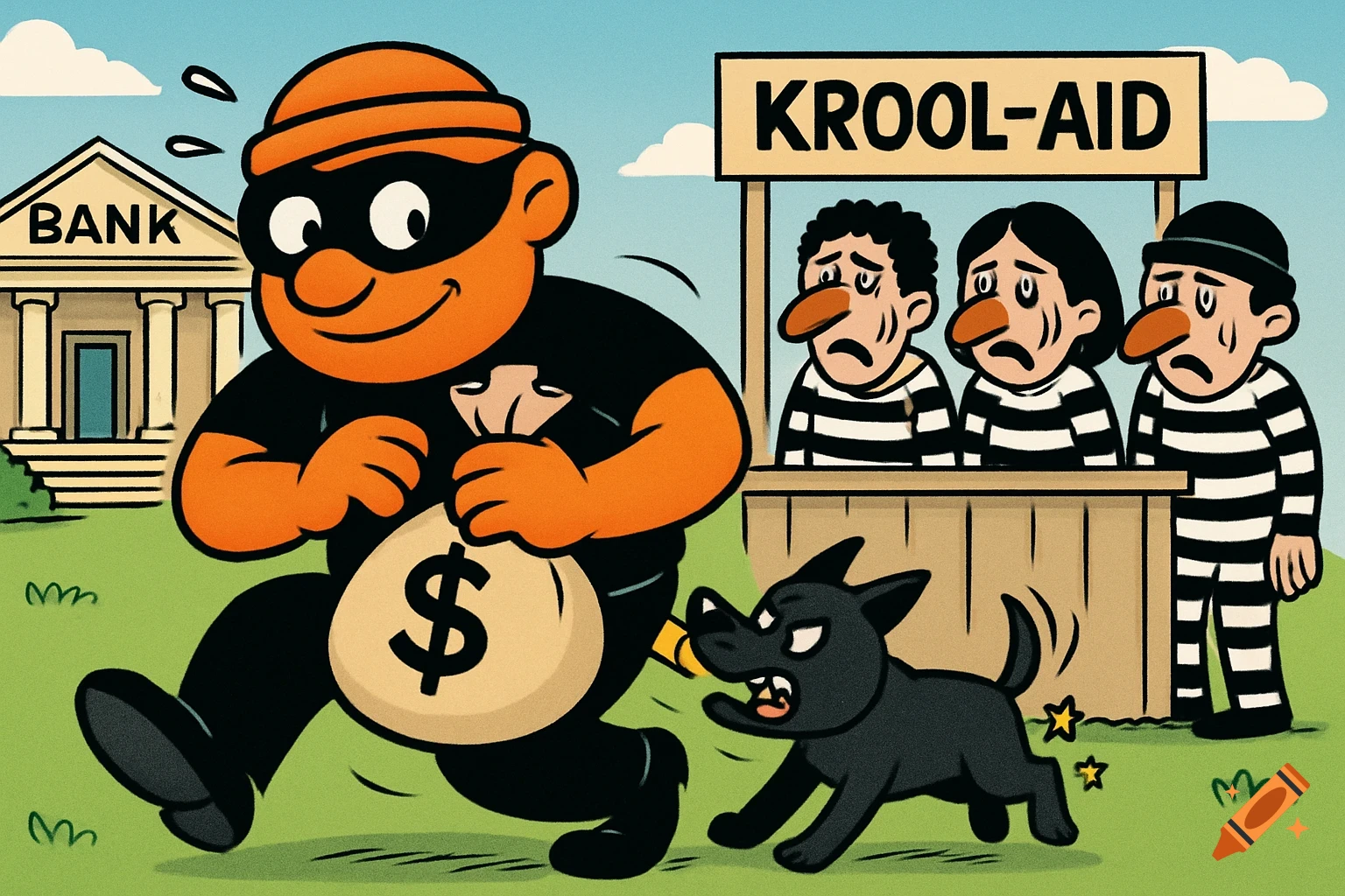 Cartoon bank robber with a money bag runs from a dog biting his leg ...