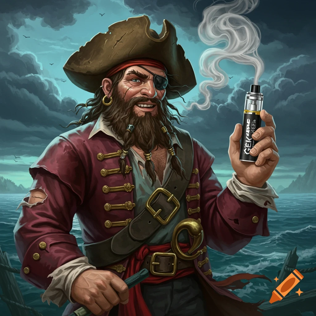 An illustration of a pirate holding a vape pen and exhaling vapor. on Craiyon