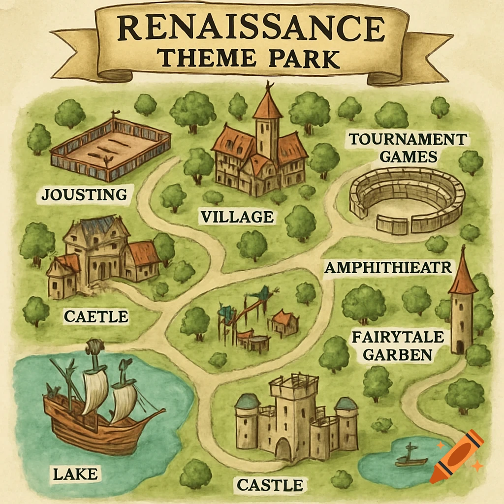 Illustrated map of a Renaissance Theme Park with locations like ...