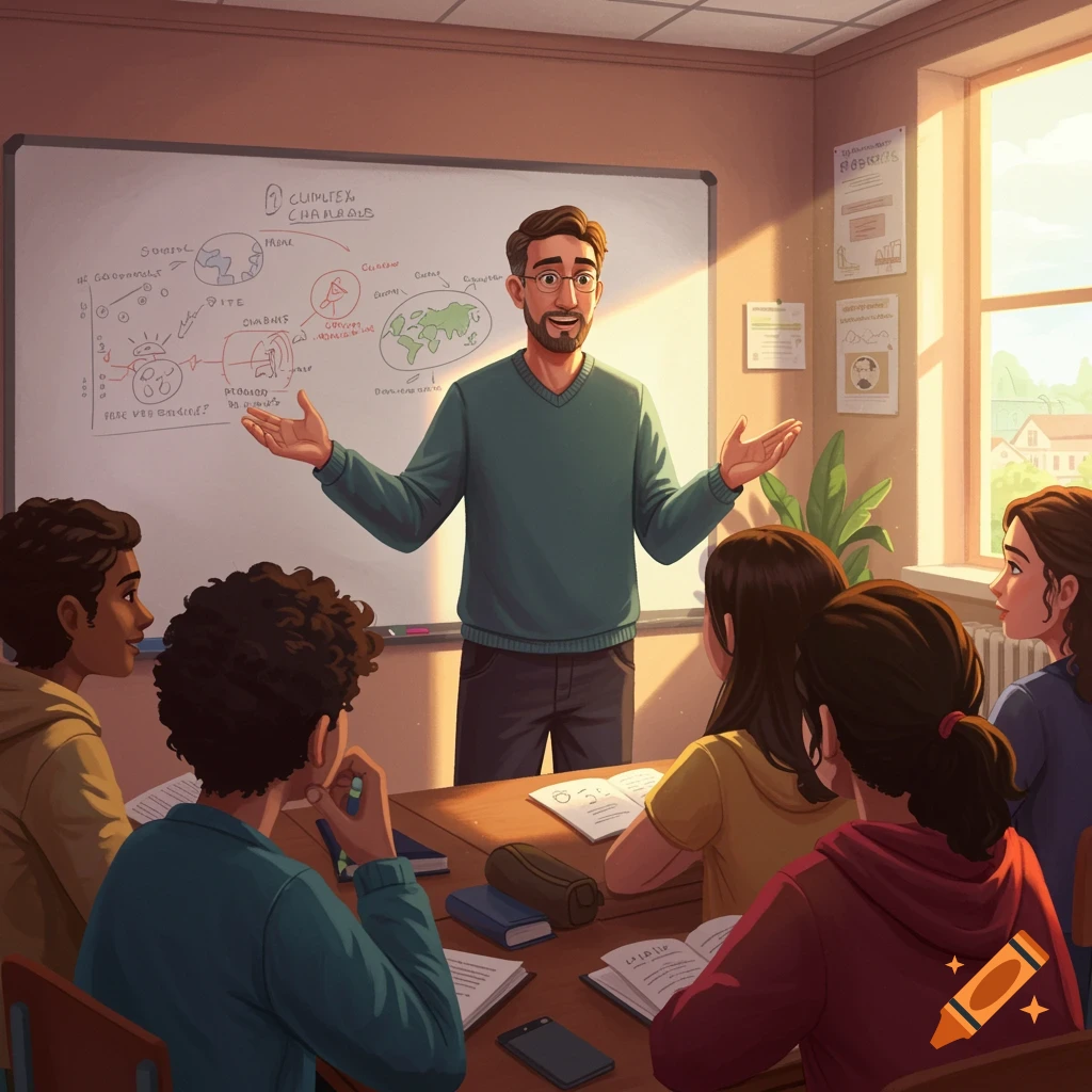 Illustration of a teacher explaining concepts on a whiteboard to students in a classroom. on Craiyon