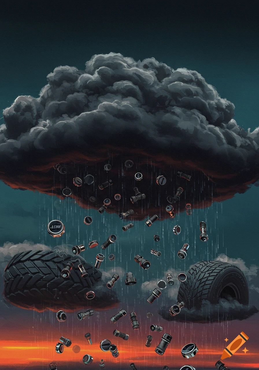 A dark cloud shaped like a tire rains tire valve caps over a landscape ...