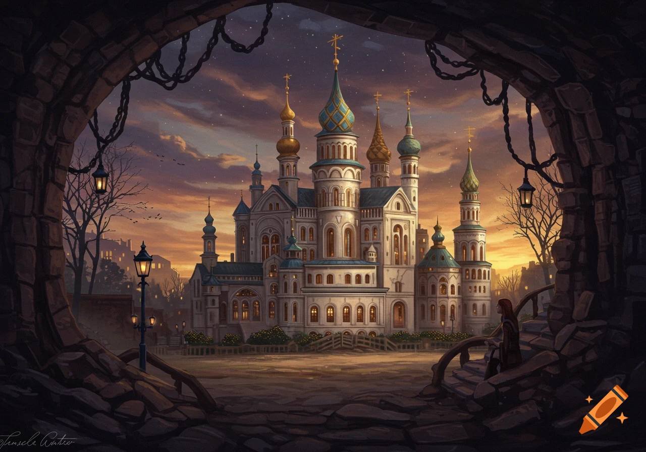 An ornate, multi-domed building seen through a stone archway at sunset ...