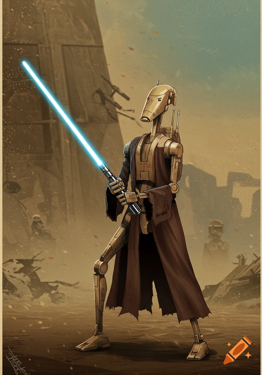 A Star Wars Battle Droid holds a blue lightsaber in a dusty, war-torn ...