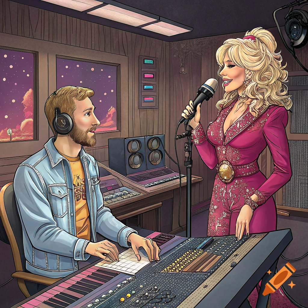 Illustration of a man at a mixing board and a woman singing into a microphone in a recording ...