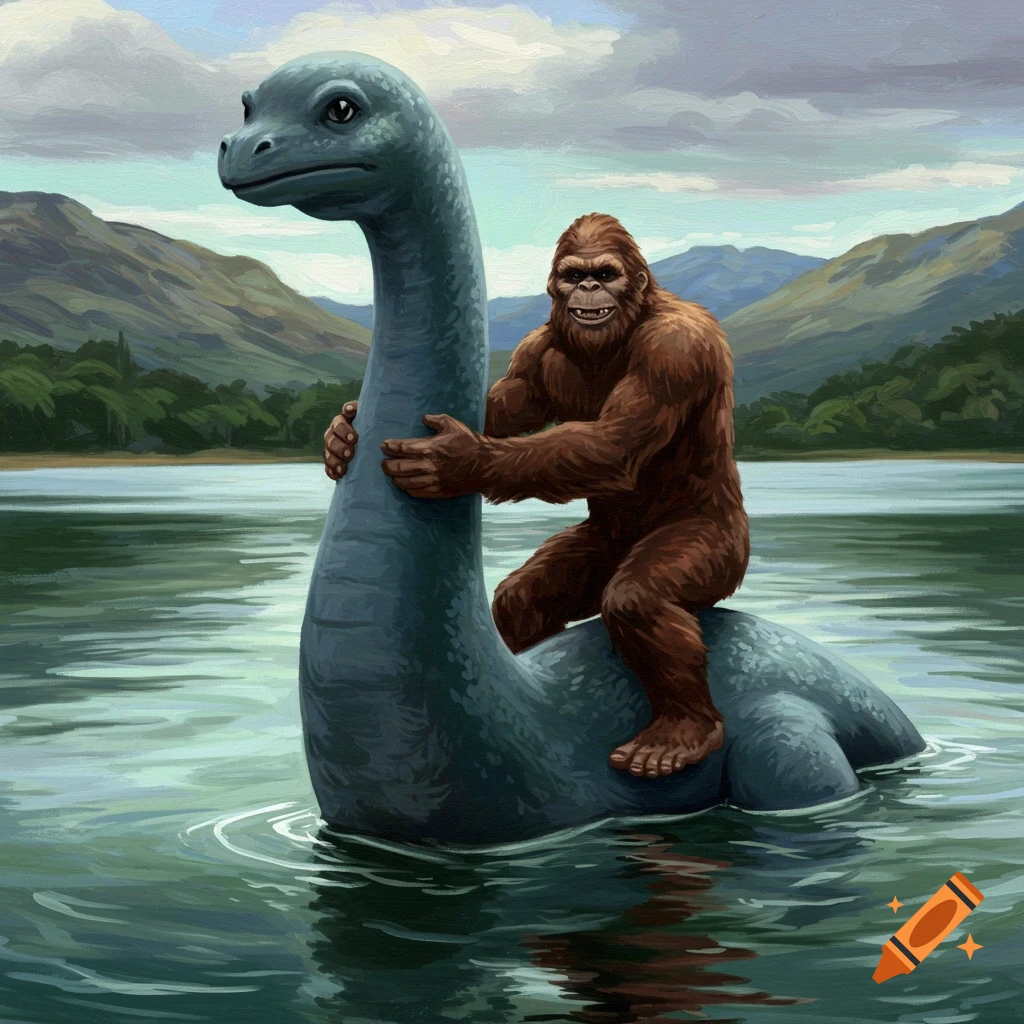 Bigfoot rides the Loch Ness Monster in a lake, painting style. on Craiyon