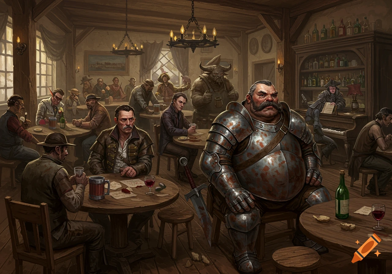 A busy, rough fantasy tavern scene with various characters including a ...