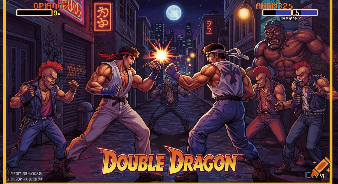 Retro arcade fighting game art: two fighters brawl with punk thugs in ...