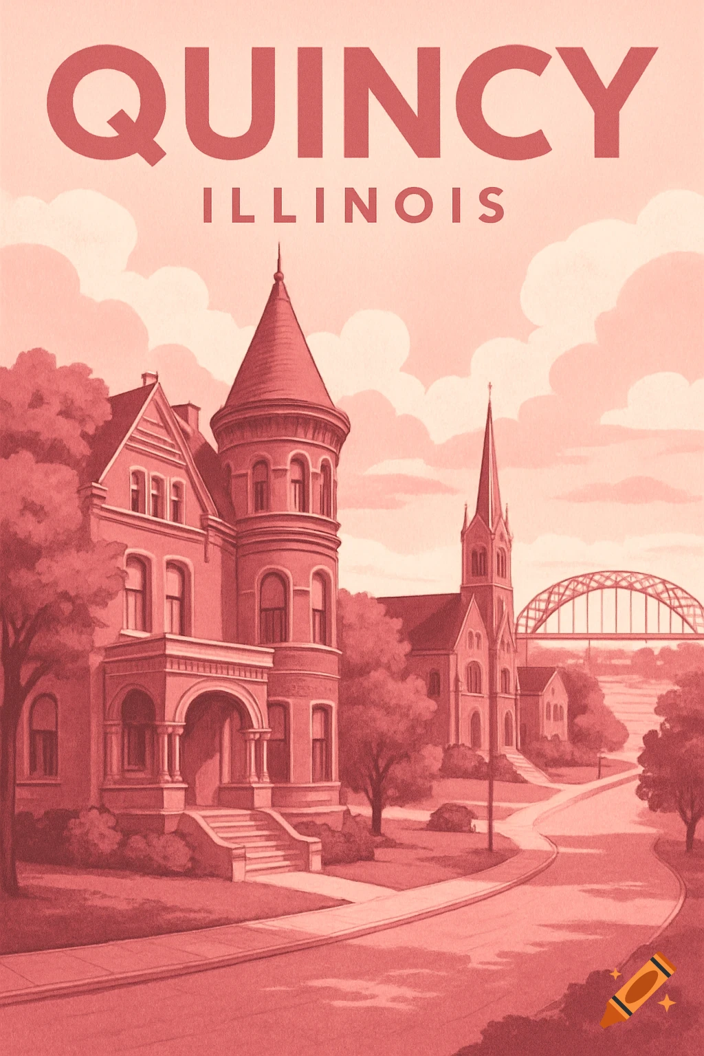 Pink illustration of a townscape with buildings and a bridge, featuring ...