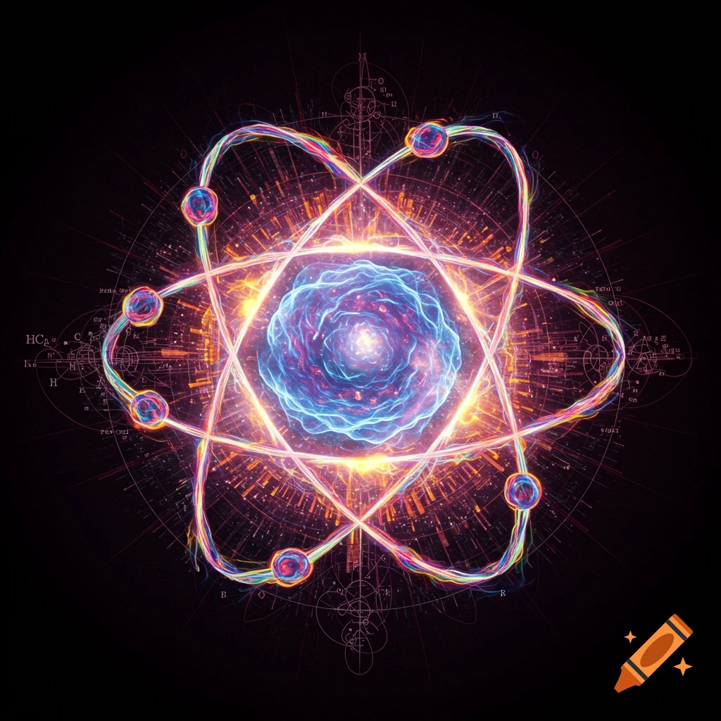 Vibrant, glowing abstract atom model with orbiting electrons and background scientific diagrams ...