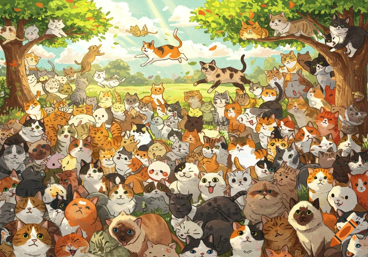 Illustration of a large crowd of diverse, stylized cartoon cats in a ...