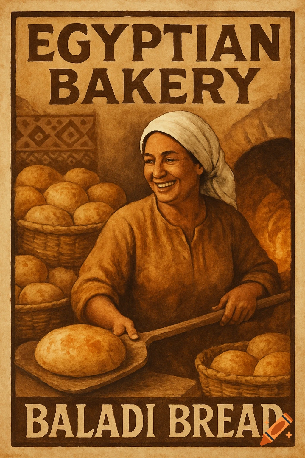 Poster for Egyptian Bakery showing a smiling woman baker with bread, in ...
