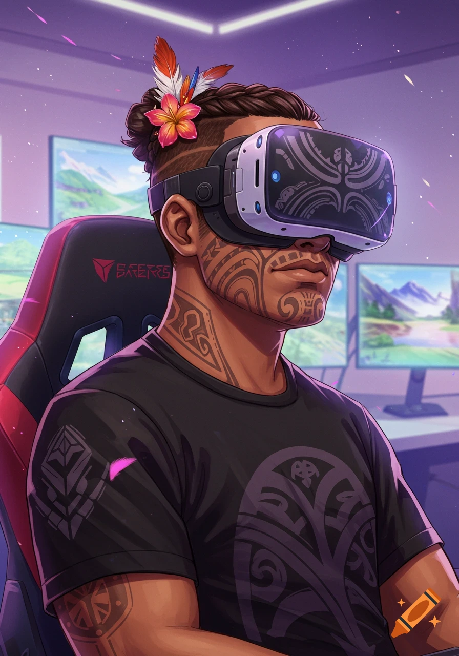 Illustration of a person with Polynesian tattoos and a flower in their ...