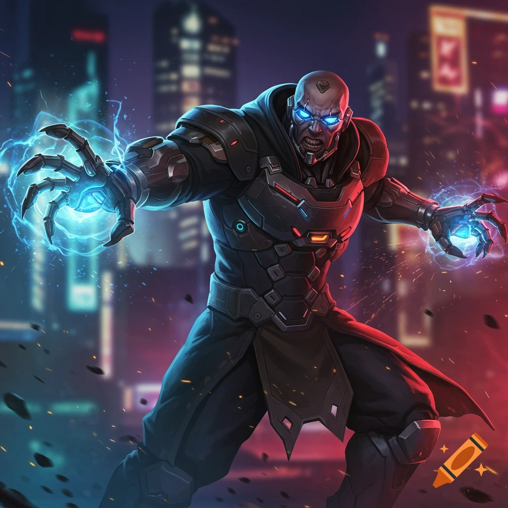 Cybernetic character with glowing eyes and energy blasts in a ...