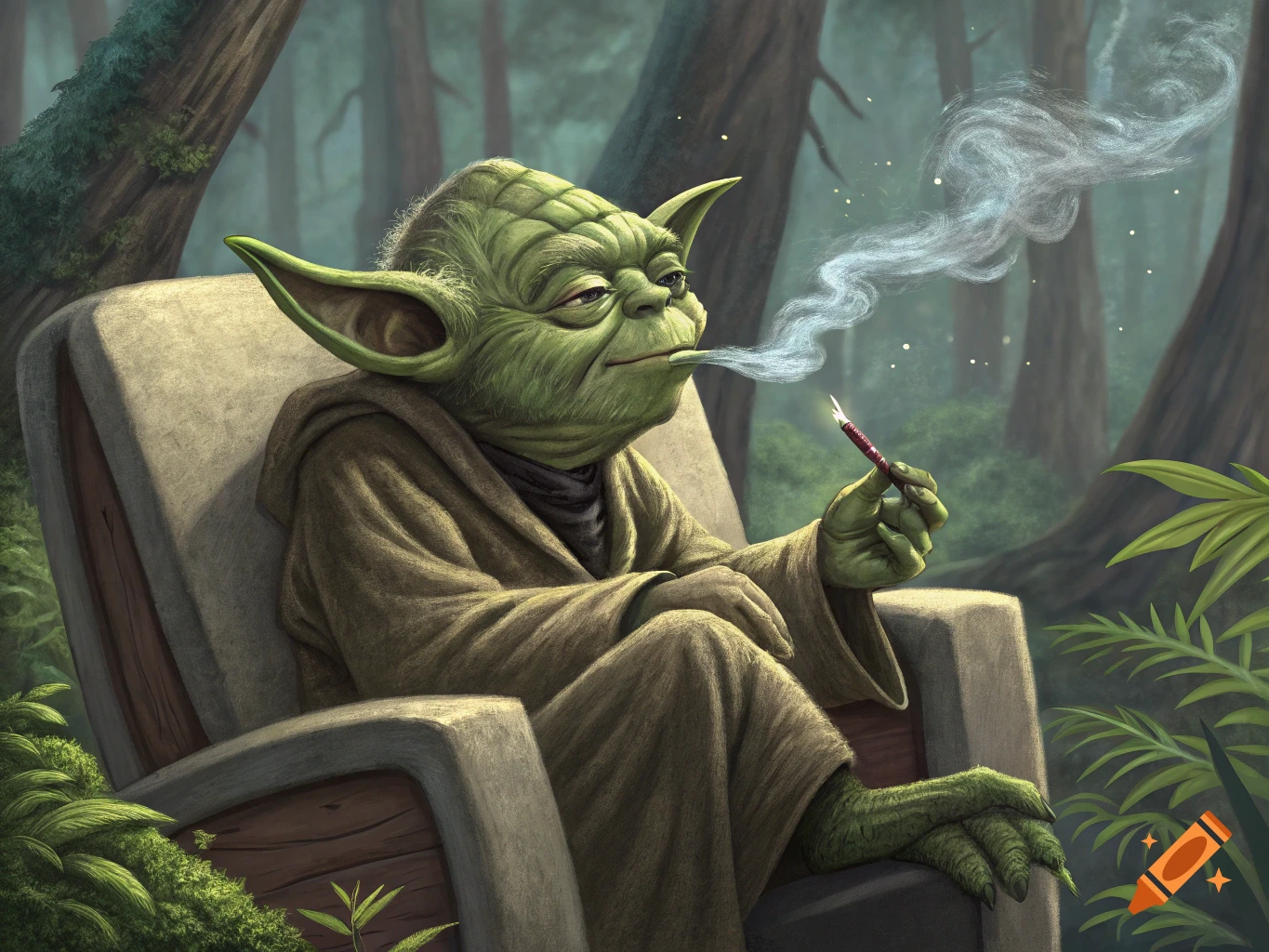 Yoda sits in a chair in a forest, smoking a joint. on Craiyon