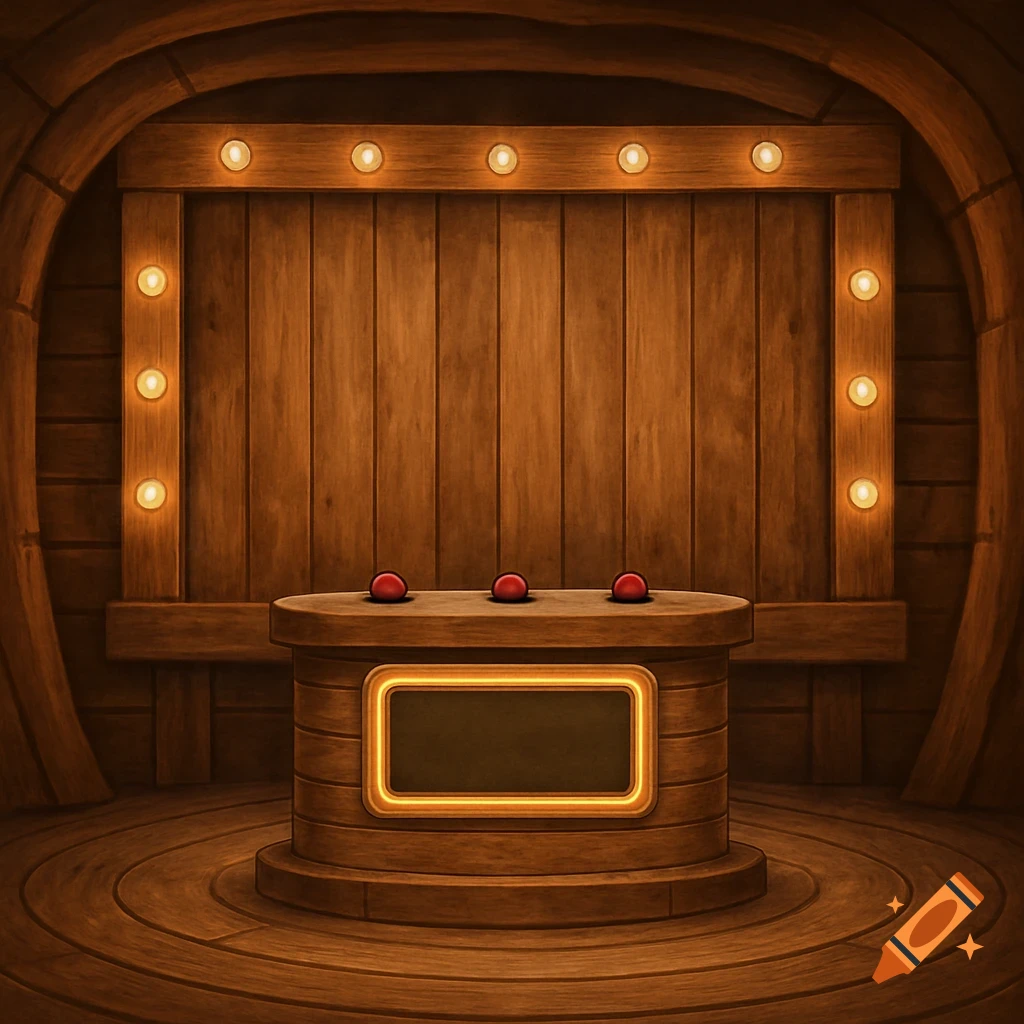 Wooden game show set with a central desk, red buttons, screen area, and ...