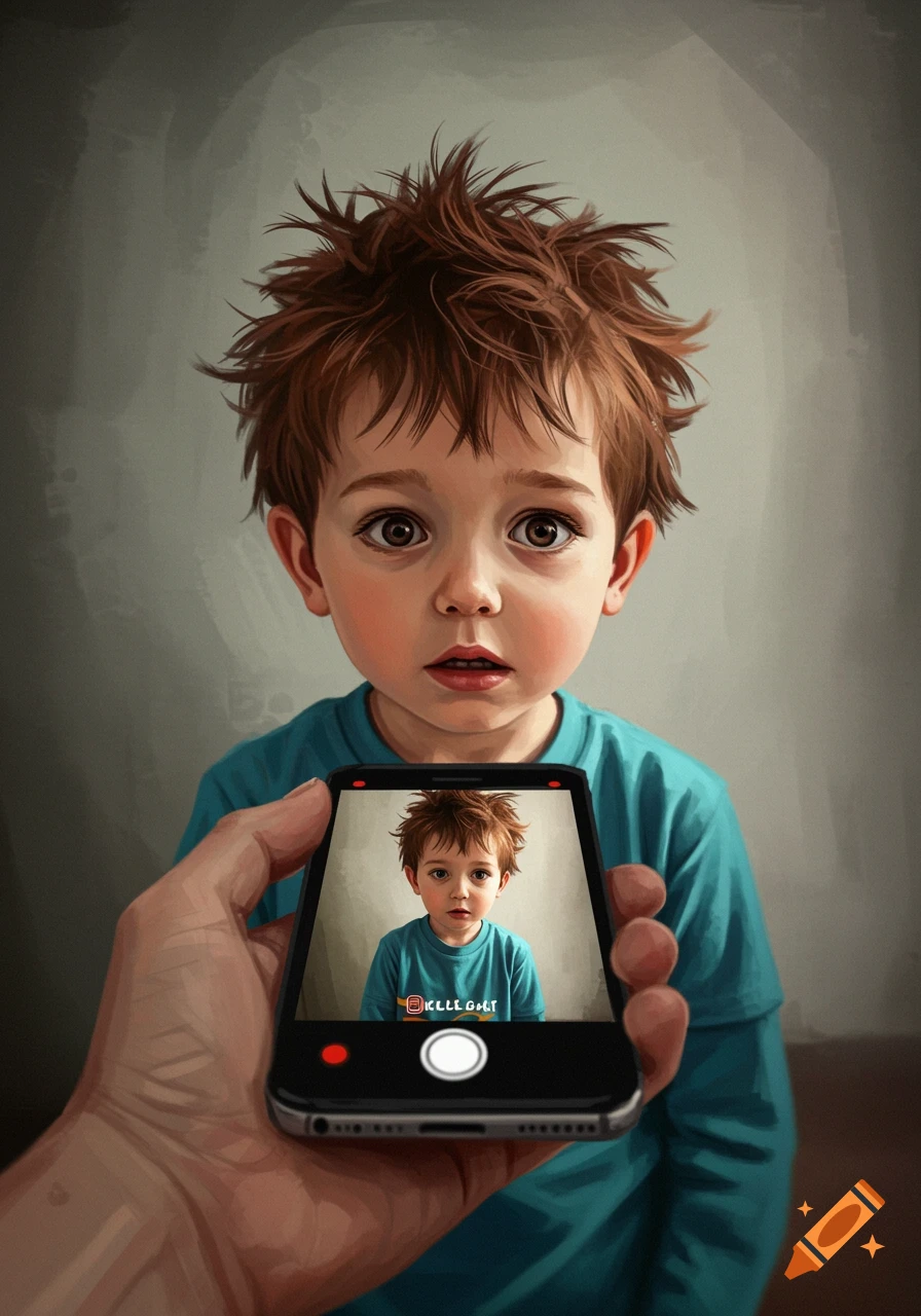 Digital painting of a hand holding a phone filming a wide-eyed young ...