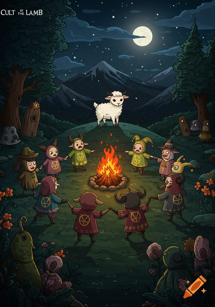 Cartoon characters in robes around a campfire with a sheep under a full ...