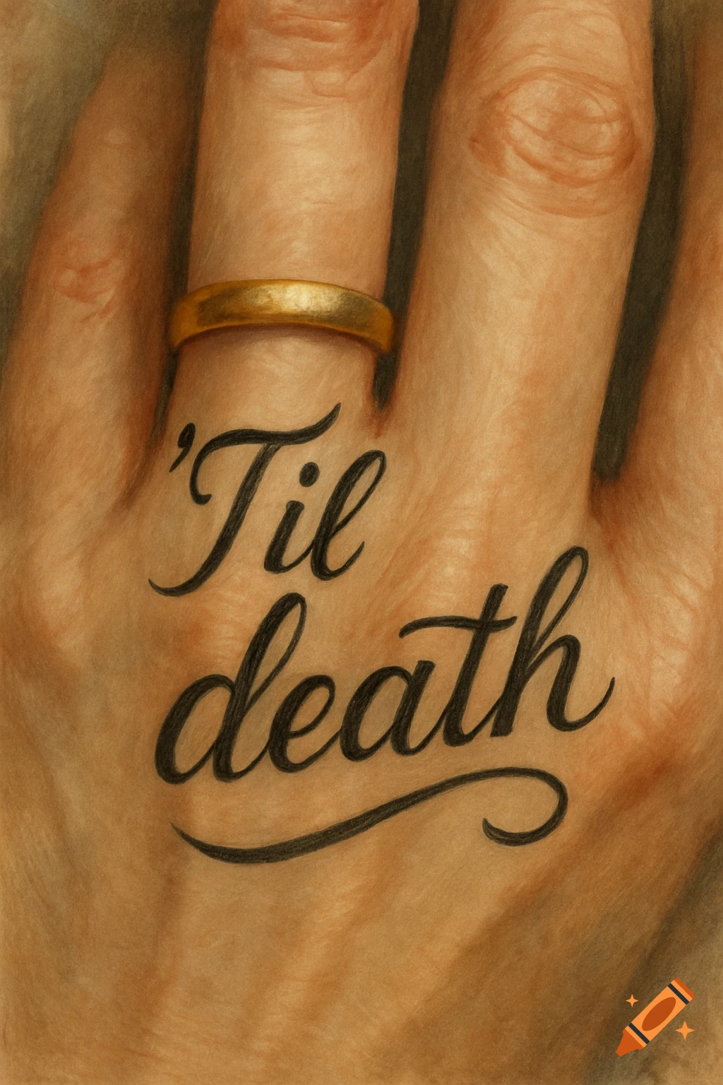 Close-up drawing of a hand wearing a gold wedding ring with a cursive ...