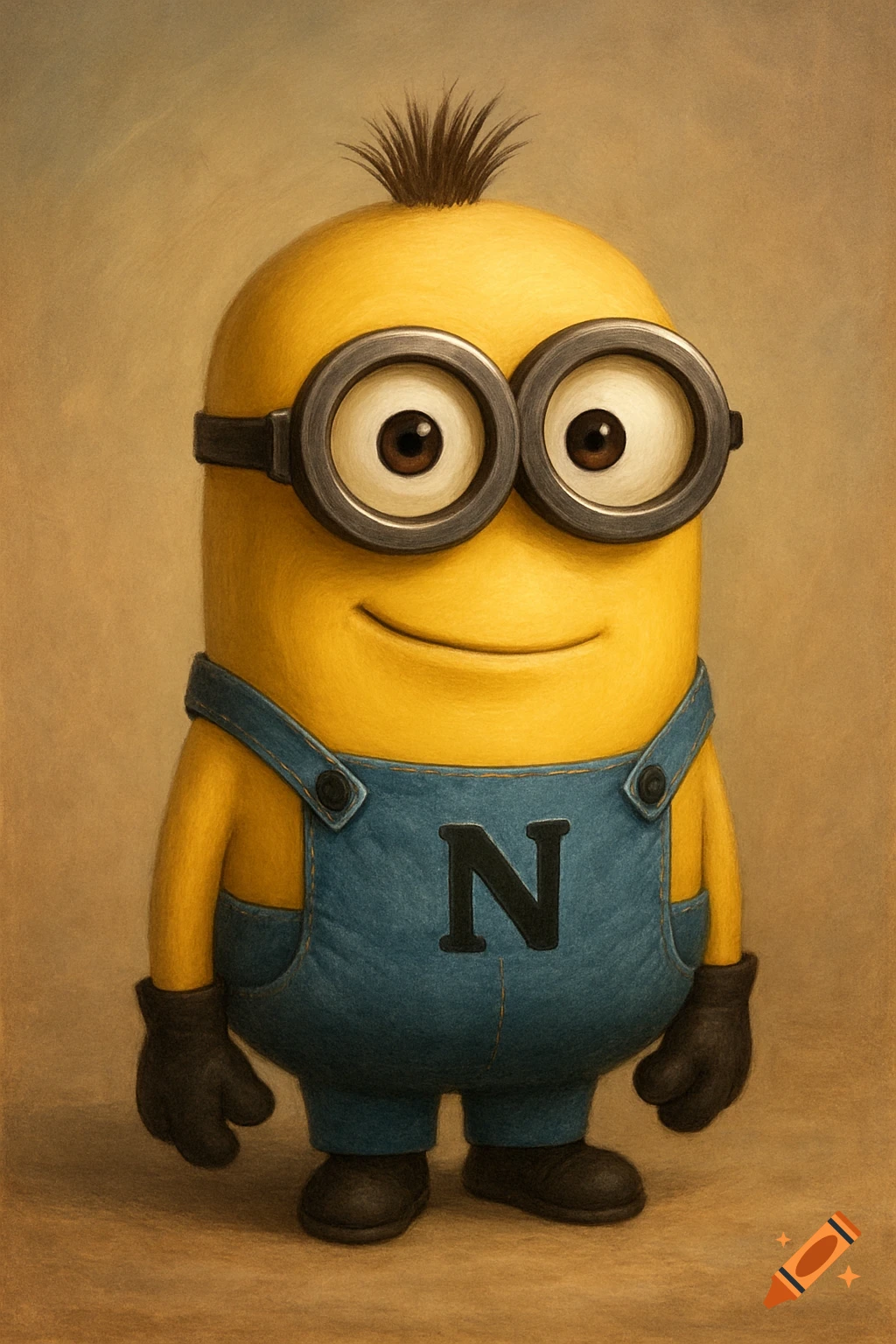 A Minion stands wearing overalls with a large N. on Craiyon