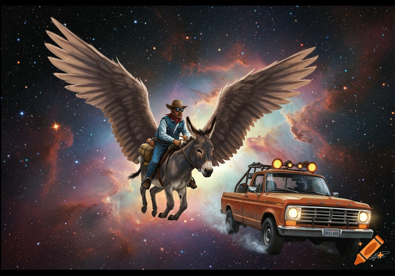 A cowboy rides a winged donkey through space near a flying orange ...