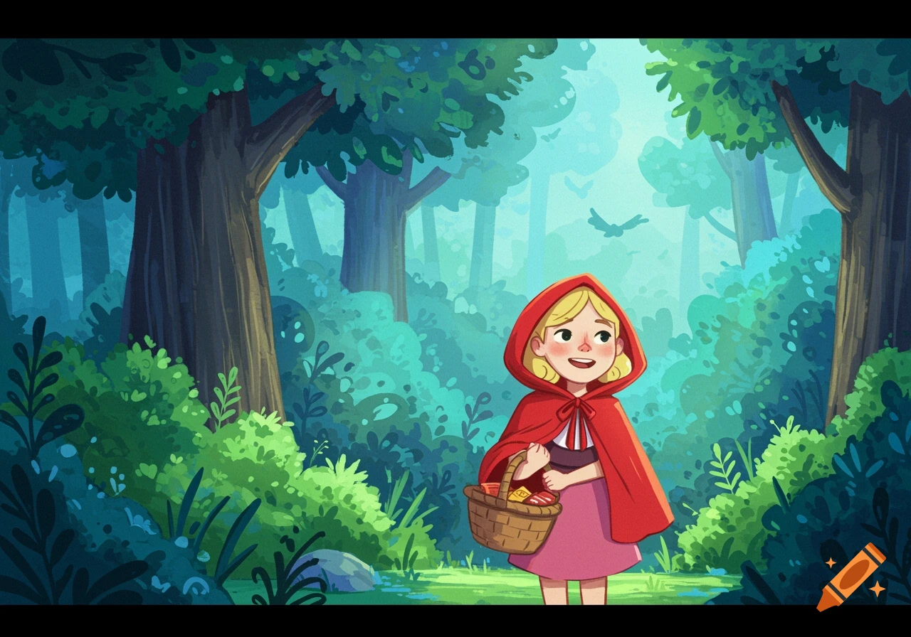 Little Red Riding Hood in a forest with a basket, in a hand drawn ...