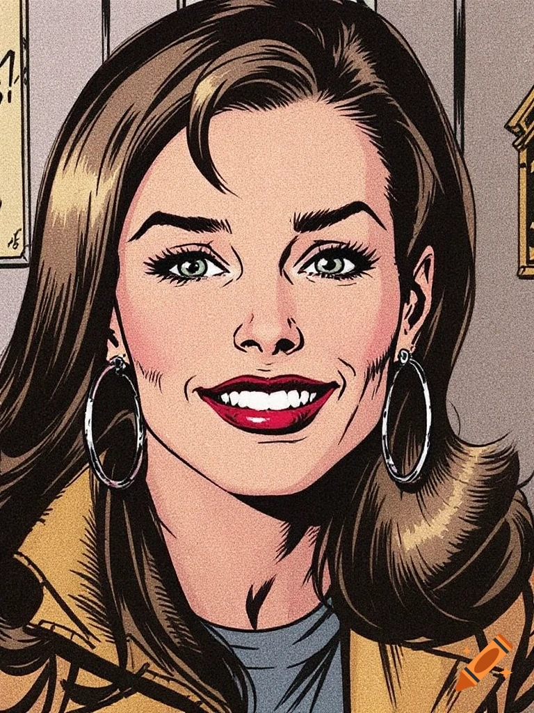 Close-up comic art portrait of a smiling woman with brown hair and ...