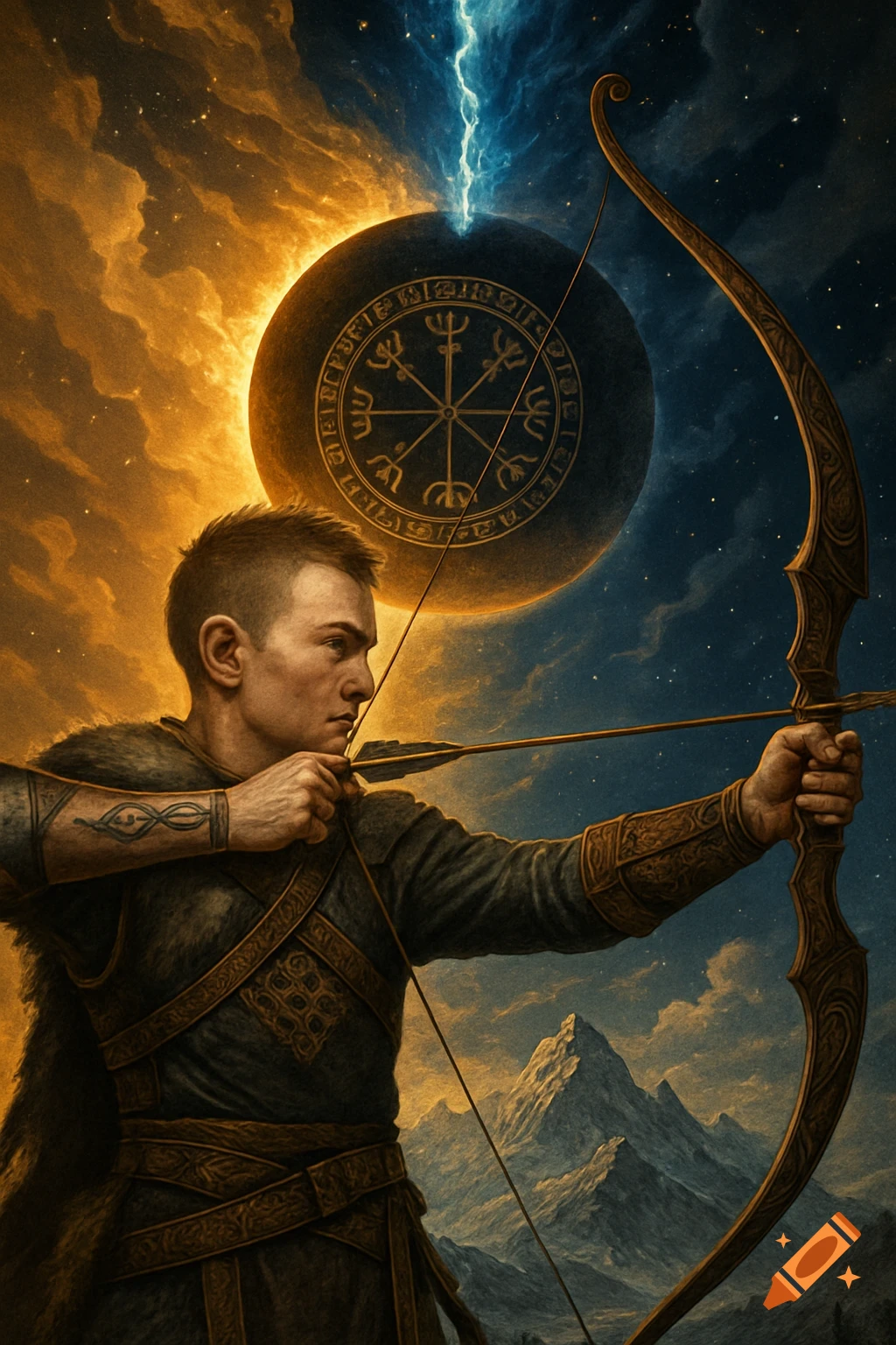 Fantasy art of a character aiming a bow at a cosmic event in a mythical ...