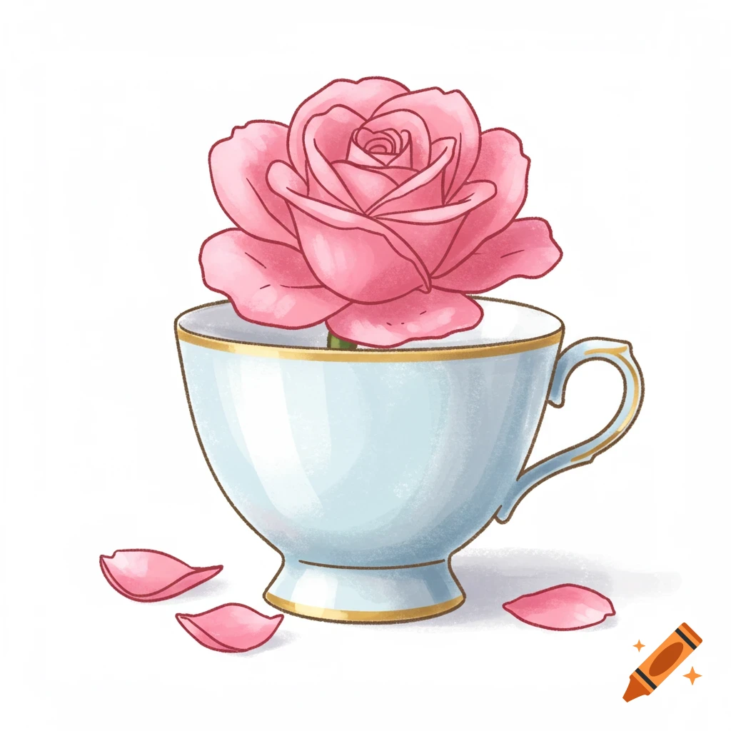 A drawing of a pink rose in a light blue teacup with fallen petals. on ...
