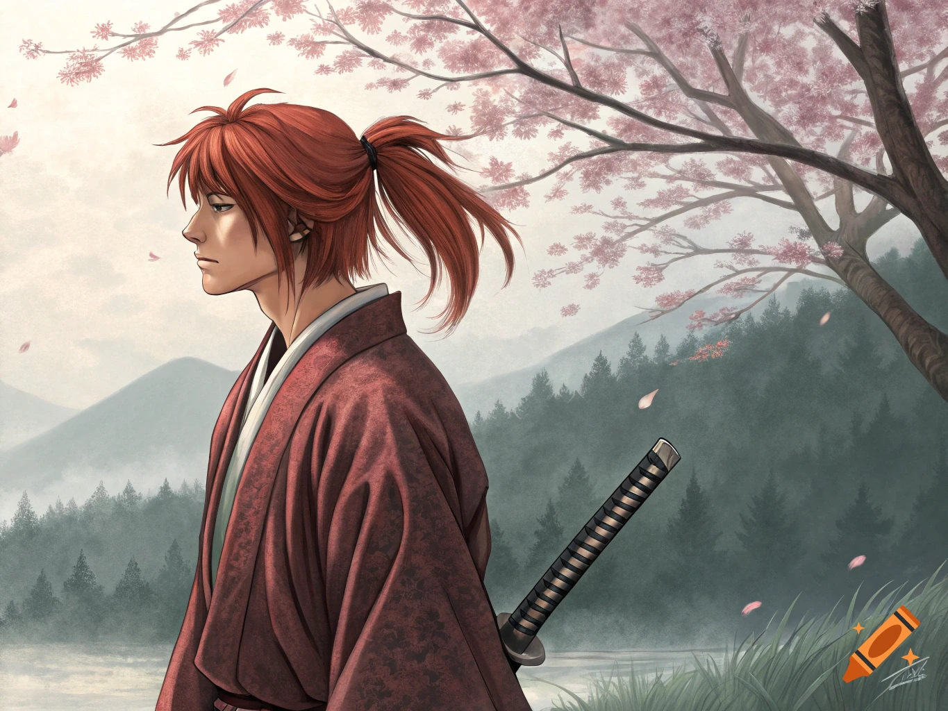 Anime character with red hair and red kimono stands under a cherry ...