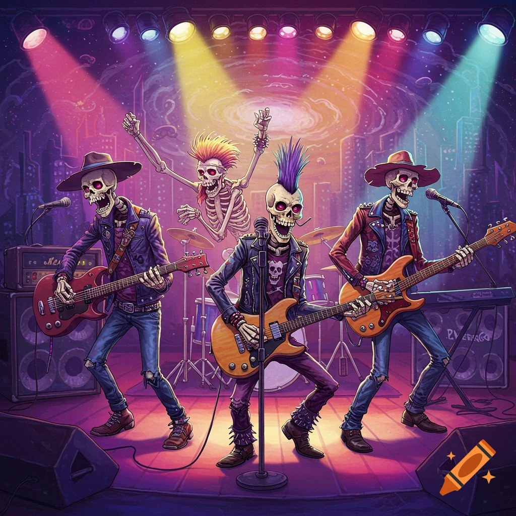 A skeleton rock band plays on stage under colorful lights. on Craiyon