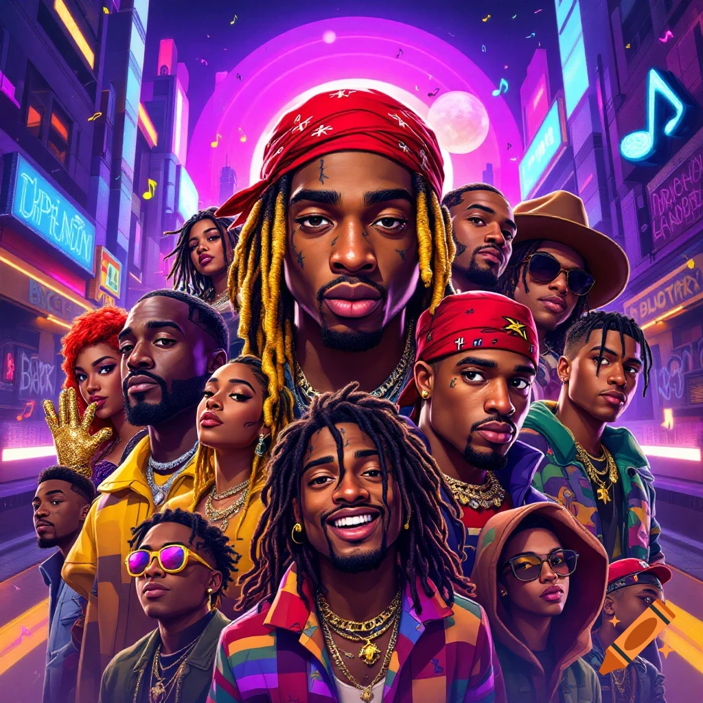 Stylized album art of diverse characters resembling musicians in a ...