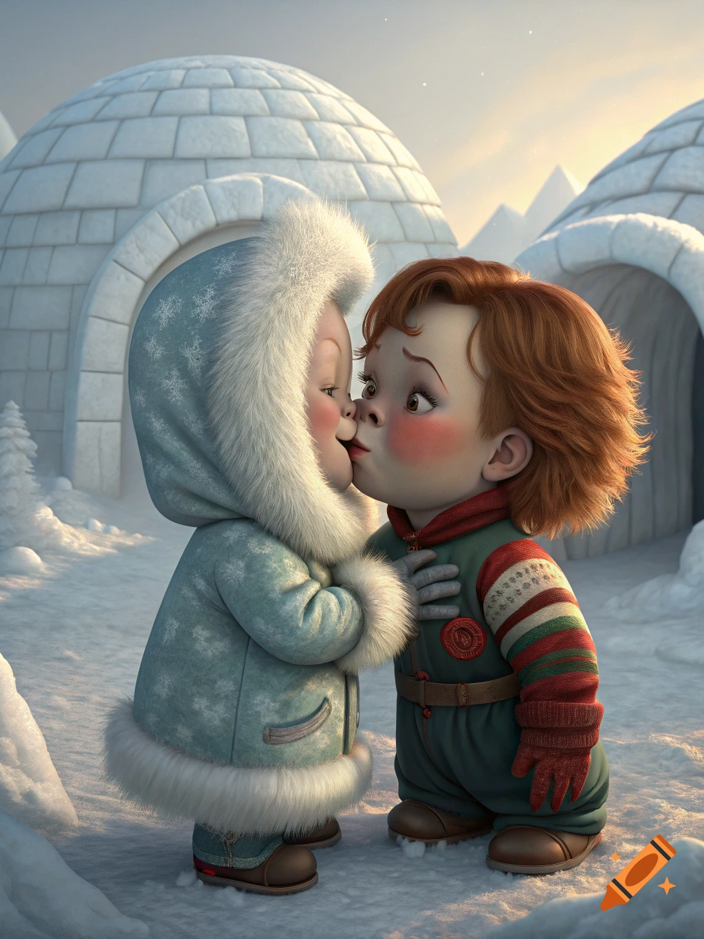 Two stylized children kiss in front of igloos in a snowy landscape. on ...