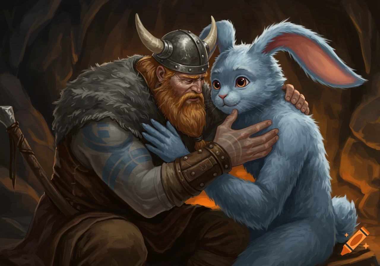 Illustration of a viking cuddling a large blue furry rabbit in a cave ...