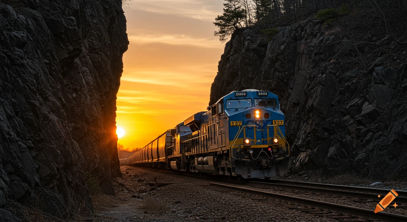 A blue and yellow CSX train travels through a rocky cut at sunset. on Craiyon
