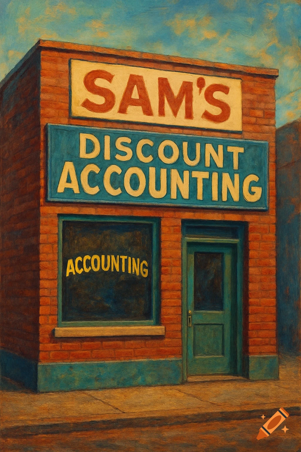 Painting of a brick building with 'Sam's Discount Accounting' sign. on ...