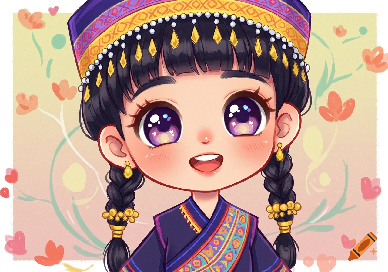 Chibi illustration of a girl in colorful traditional clothing with ...
