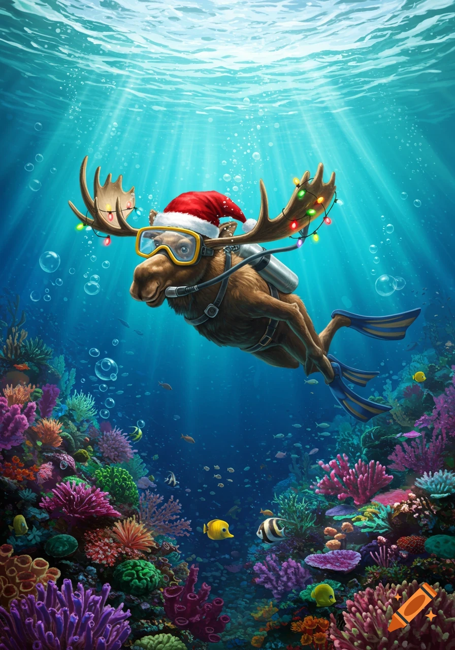 A moose wearing a Santa hat and Christmas lights scuba dives in a ...